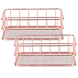 Wrought Iron Storage Basket - Desktop Organizer Container - for Kitchen Cabinets, Pantry, Bathroom - 2 Pack,Rose Gold(Small)