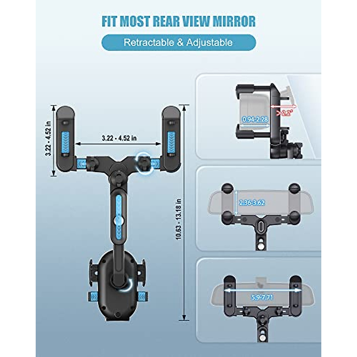 Phone Mount for Car【Big Rear Mirrors Friendly】 2023 New Rear View Mirror Phone Holder, Lighter 360 Rotatable and Retractable Car Phone Holder for Apple Samsung 4-7 Inch Mobiles & All Vehicles