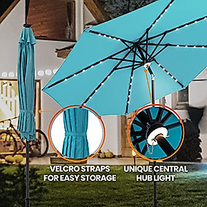 FLAME&SHADE 10 ft Solar Powered Outdoor Market Patio Table Umbrella with LED Lights and Tilt, Aqua Blue