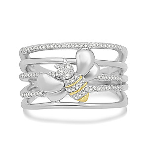 Jewelili Sterling Silver and 10K Yellow Gold 1/5 Cttw Natural White Round Diamonds Bee Band Ring, Size 7