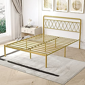 Orweiin Gold Full Size Bed Frame with Headboard, Metal Platform, Full with Under Bed Storage, Heavy Duty, No Box Spring Needed, Easy Assembly, Gold