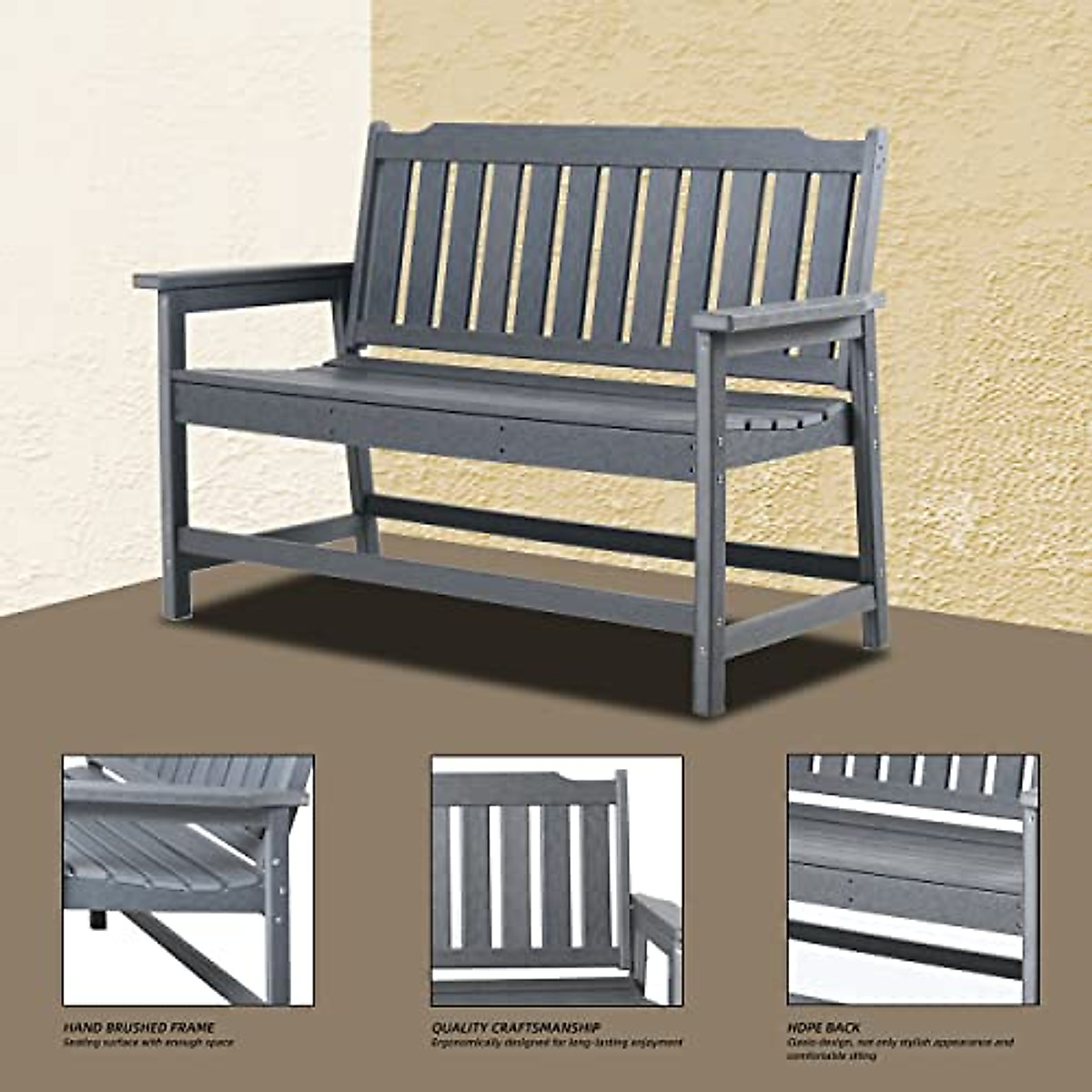 VOQNIS Outdoor Porch Bench, HDPE All-Weather Corrosion Resistant Material for Patio Deck, Garden (Grey)