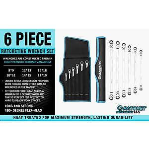 DURATECH Extra Long Flex-Head Ratcheting Wrench Set, Double Box End Wrench Set, 6-Piece, Metric 8-19mm, CR-V Steel, with Pouch