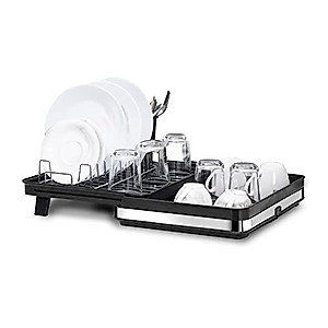 Alta by Auggie Chino Expandable Dish Drying Rack with Drainage Spout, Stainless Steel, Movable Utensil Drainer, (Black)