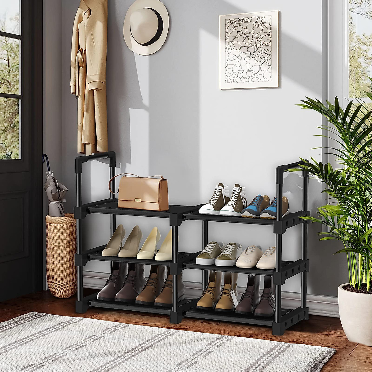 Kayfia Small Shoe Rack 3 Tiers Shoe Rack Organizer Holds 12-15 Pairs Metal Shoe Stand Lightweight Shoe Organizer with Fabric Sturdy Shoe Shelf Storage for Entryway and Closet, Black