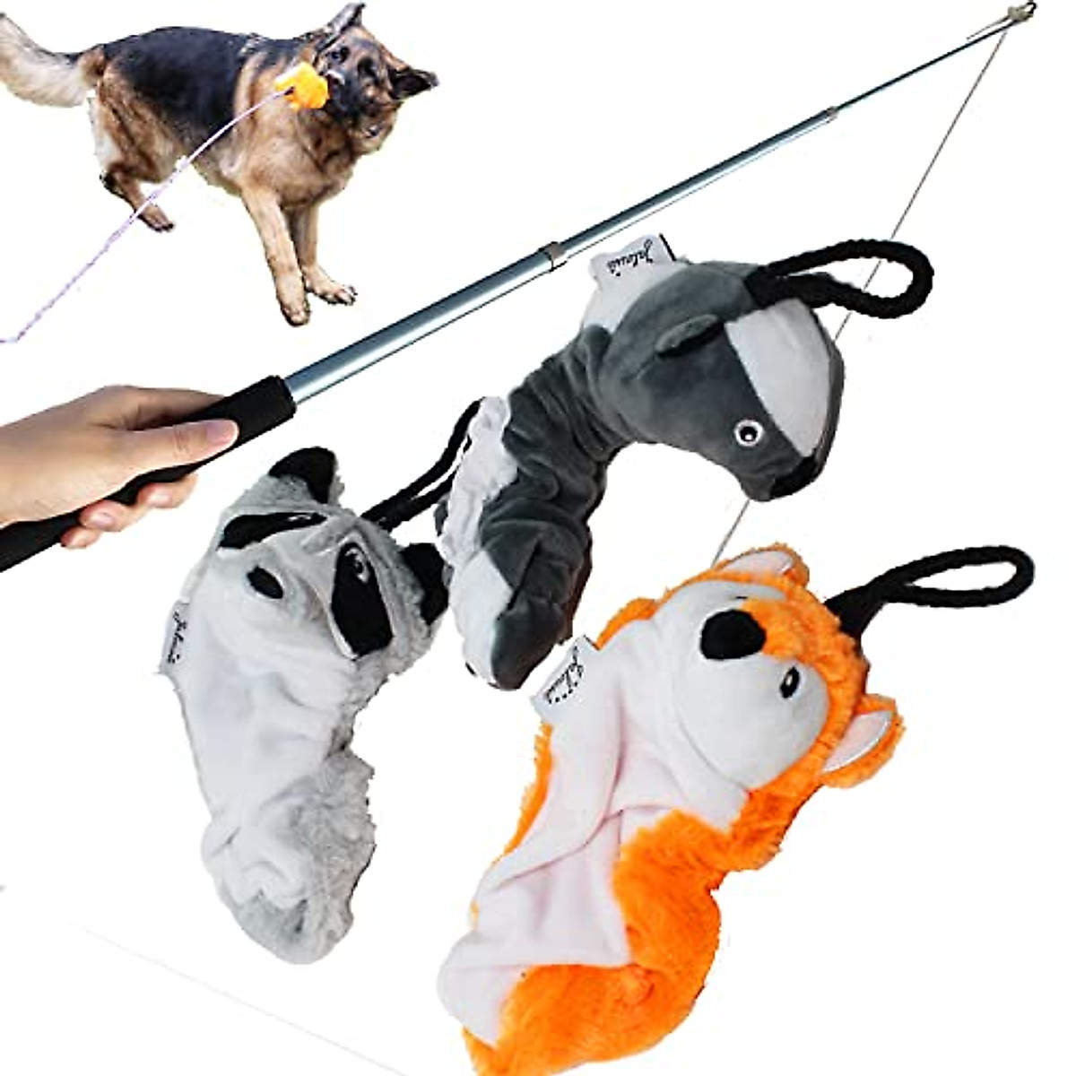 Jalousie Collapsible Dog Flirt Pole with Three Squeaky Toys Plush Toys Dog Teaser Wand Chase it Dog Toy with Refills (Dog Flirt Pole w/ Three Toys) - Upgraded Rope