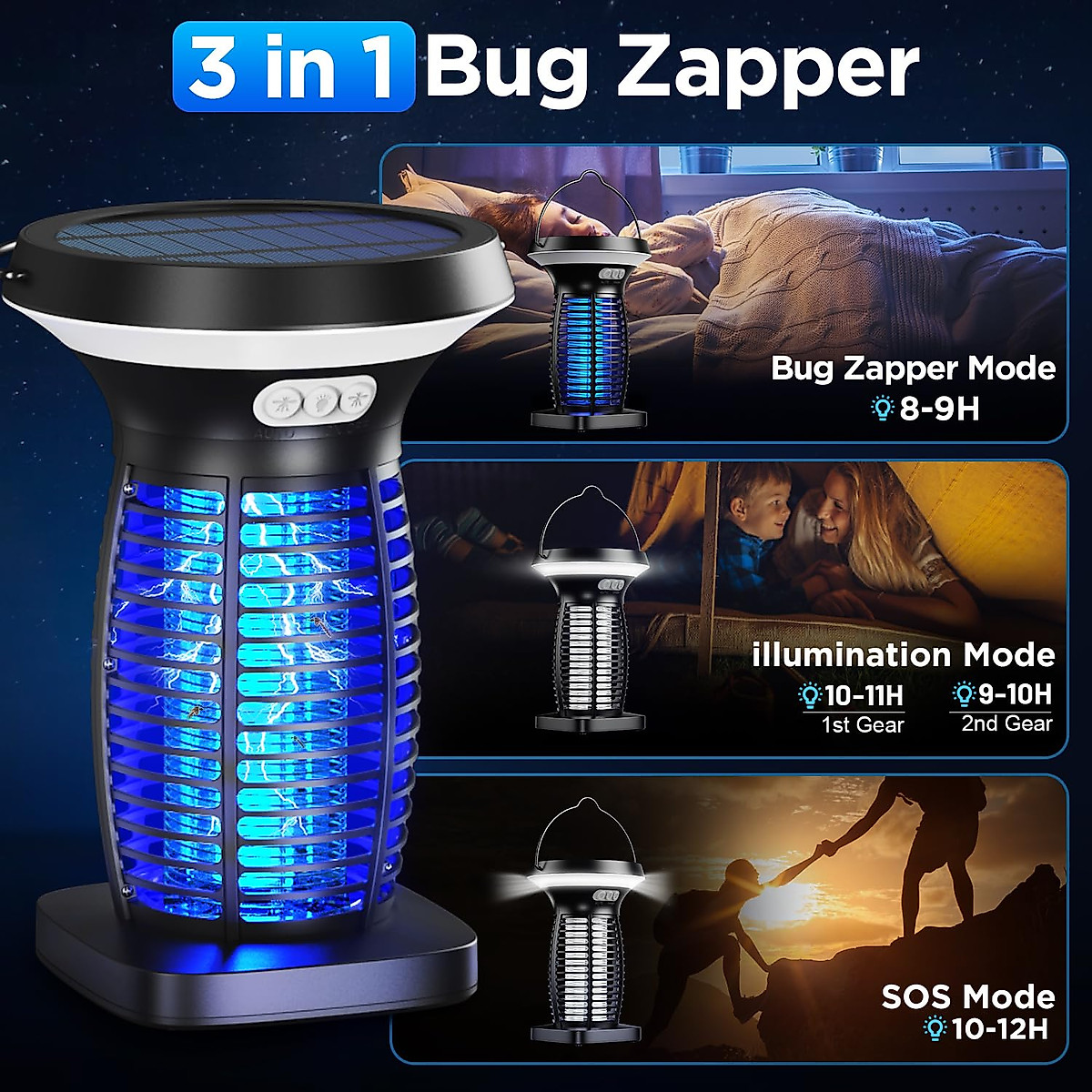 ZECHUAN Solar Bug Zapper Outdoor Waterproof, Portable Pest Control Electric Mosquito Zapper Killer with Panel Sensor, Rechargeable Insect Trap Fly Zapper for Home, Patio, Backyard, Camping