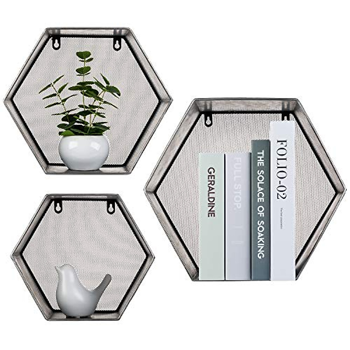 MyGift Wall Mounted Geometric Hexagon Hanging Shelf Design Rustic Galvanized Silver Metal Floating Shelves with Mesh Backing, Set of 3