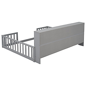 Harper & Bright Designs Full Size Floor Bed with Bedside Bookcase, Shelves, Guardrails, Wood Montessori Bed with Storage, Grey