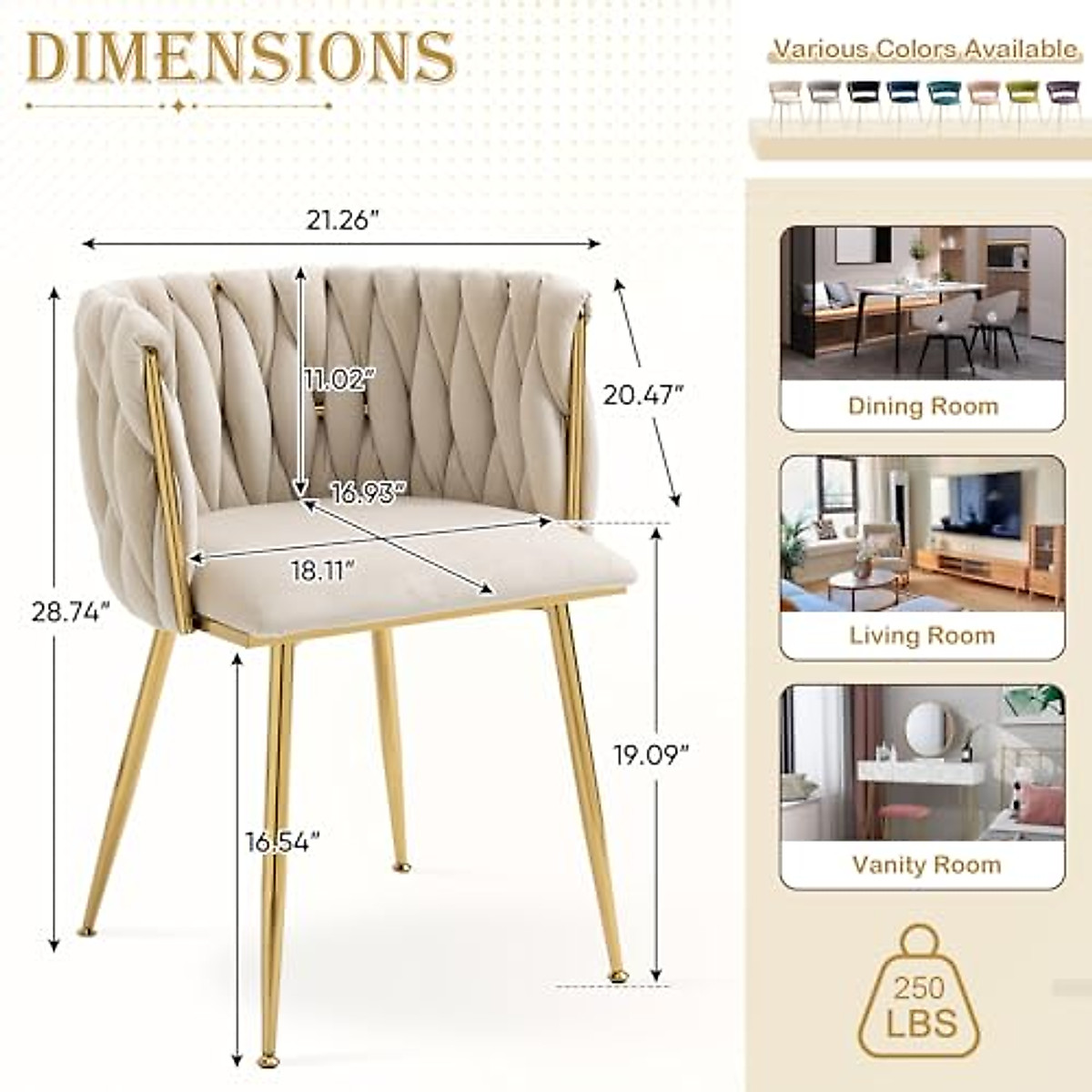 Upholstered Velvet Dining Chairs Set of 2, Modern Living Room Chair with Woven Back and Golden Metal Legs, Mid-Century Accent Side Chair for Dining Room, Living Room, Kitchen, Vanity Room, Ivory