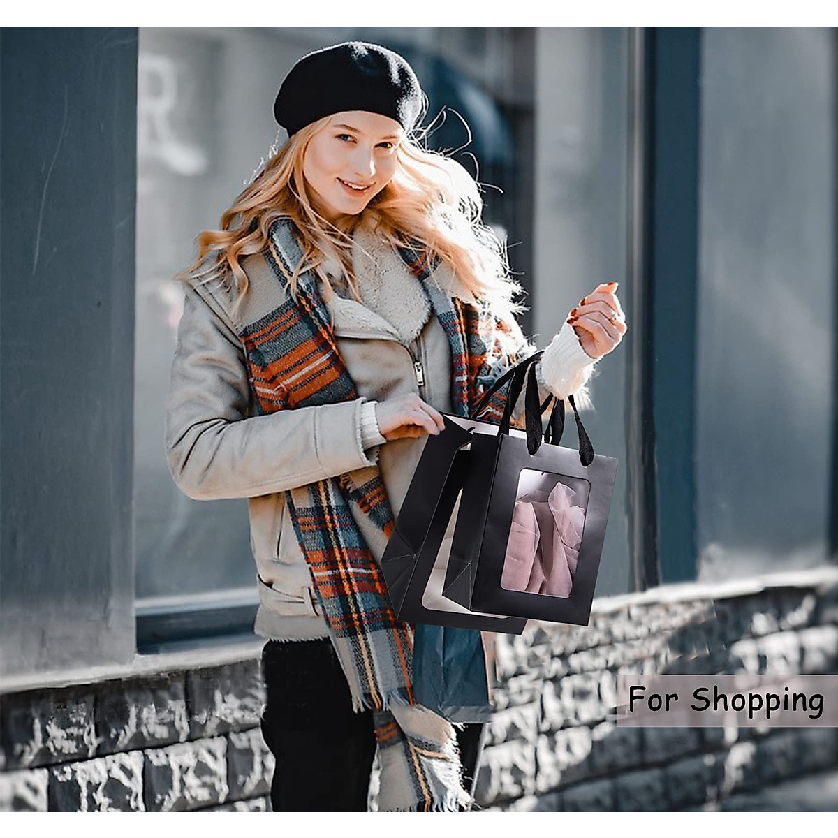 Dasofine 12pcs Gift Bag with Window, Sturdy Paper Tote with Transparent Window, 7.1”×5.1”×9.8” Paper Gift Bags with Handles , Flower Bouquet Bags