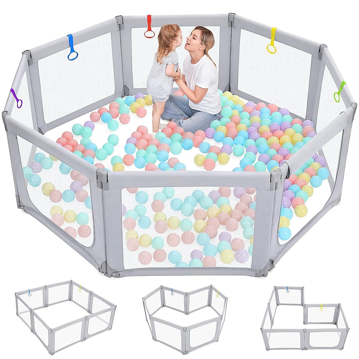 Dripex Foldable Baby Playpen, 71"×69" Play Pens for Babies and Toddlers, Safe Anti-Fall Play Yard with Gates, Baby Fence with Breathable Mesh, Indoor & Outdoor Kids Activity Center, Ash Grey