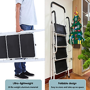 Portable Folding Step Ladder with Safety Handrails Anti-Slip Sturdy Large Area Pedal Steel Step Stool White and Black 4-Feet & Attachable Tool Bag for Kitchen Home and Office, Capacity: 500 lbs