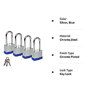 SEPOX 40mm Keyed Alike Padlock 4 Pack Laminated Steel Keyed Padlocks with Long Shackle, 1-9/16" Wide Body Set of 4 pad Locks with Same Key