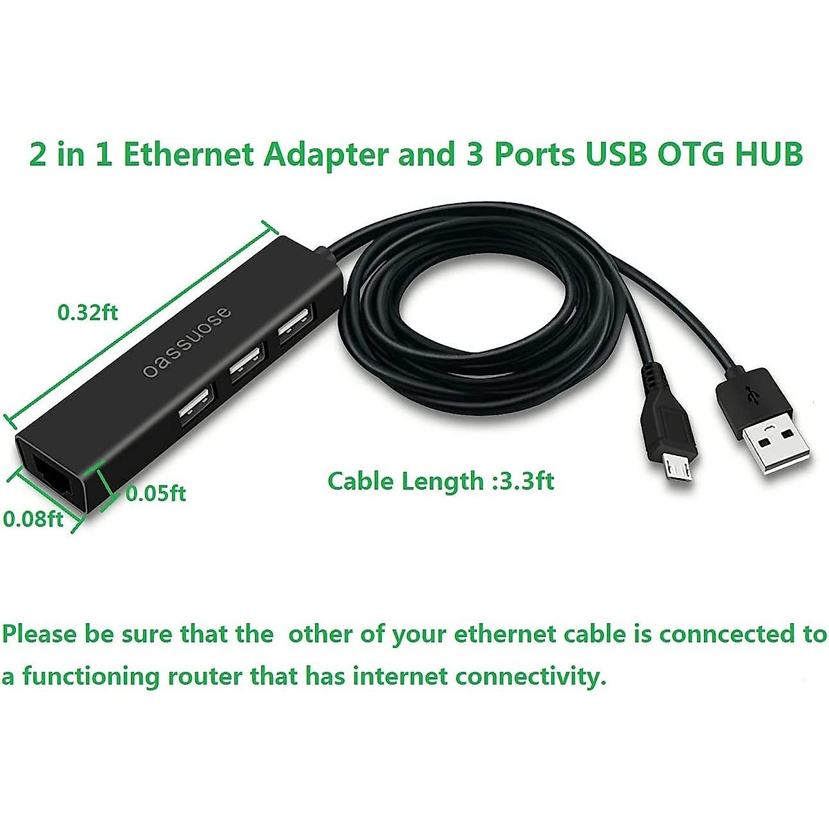 4 in 1 Ethernet Adapter and 3 Ports USB OTG Hub for Fire TV Stick 4K/Chromecast/Google Home Mini/Raspberry Pi Zero and Other Streaming TV Sticks,Micro USB OTG Cable HUB with Powered Network Adapter