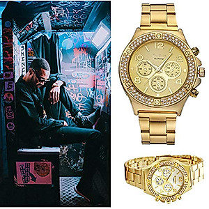 Gold Hip-Hop Watch for Men [Upgraded] Japan Quartz 30M Waterproof Dress Casual Watch for Valentine's Day