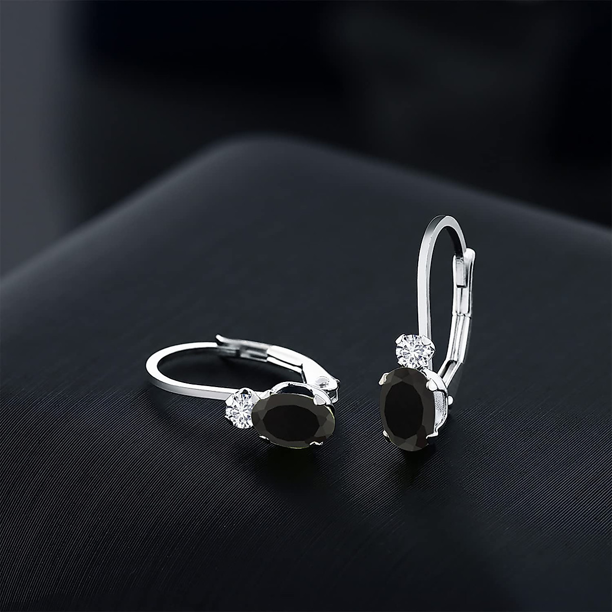 Gem Stone King 14K White Gold Black Onyx and White Diamond Leverback Earrings For Women | 0.85 Cttw | Gemstone December Birthstone | Oval 6X4MM, Round 2MM | 3/4 Inch