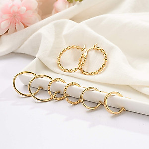 Jinxiuge 12 Pairs Gold Hoop Earrings Set Stainless Steel Twisted Round Small Chunky Hoop Earrings for Women Teen