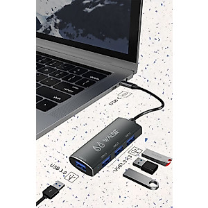 Wausee USB 3.0 Hub Type C 4-Port Splitter, Docking Station,Expander Adapter,Dongle (4 in 1) for Notebook PC,Laptop,Computer,MacBook, Mac Pro/mini, iMac, Surface Pro, XPS,Flash Driver, Mobile HDD(Grey)