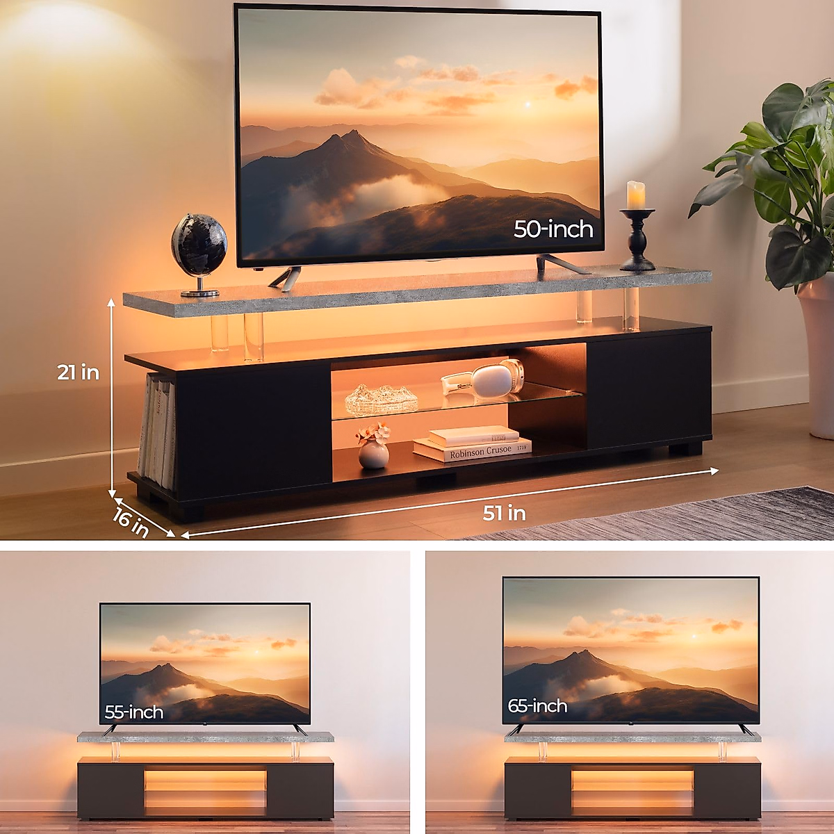 Cubehom Grey TV Stand 65 inch,LED TV Stand,Glass Entertainment Center TV Stand, TV Console Tables for Living Room,Bedroom,Home Office