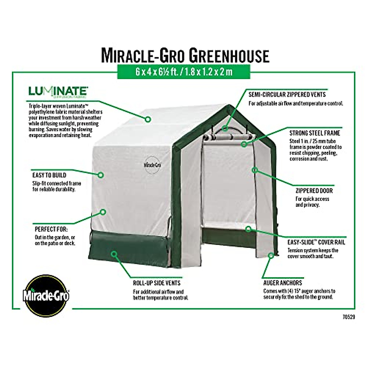Miracle-Gro 6' x 4' x 6' All-Season Indoor/Outdoor Backyard Garden Greenhouse and Compact Waterproof Plant Shelter, Translucent