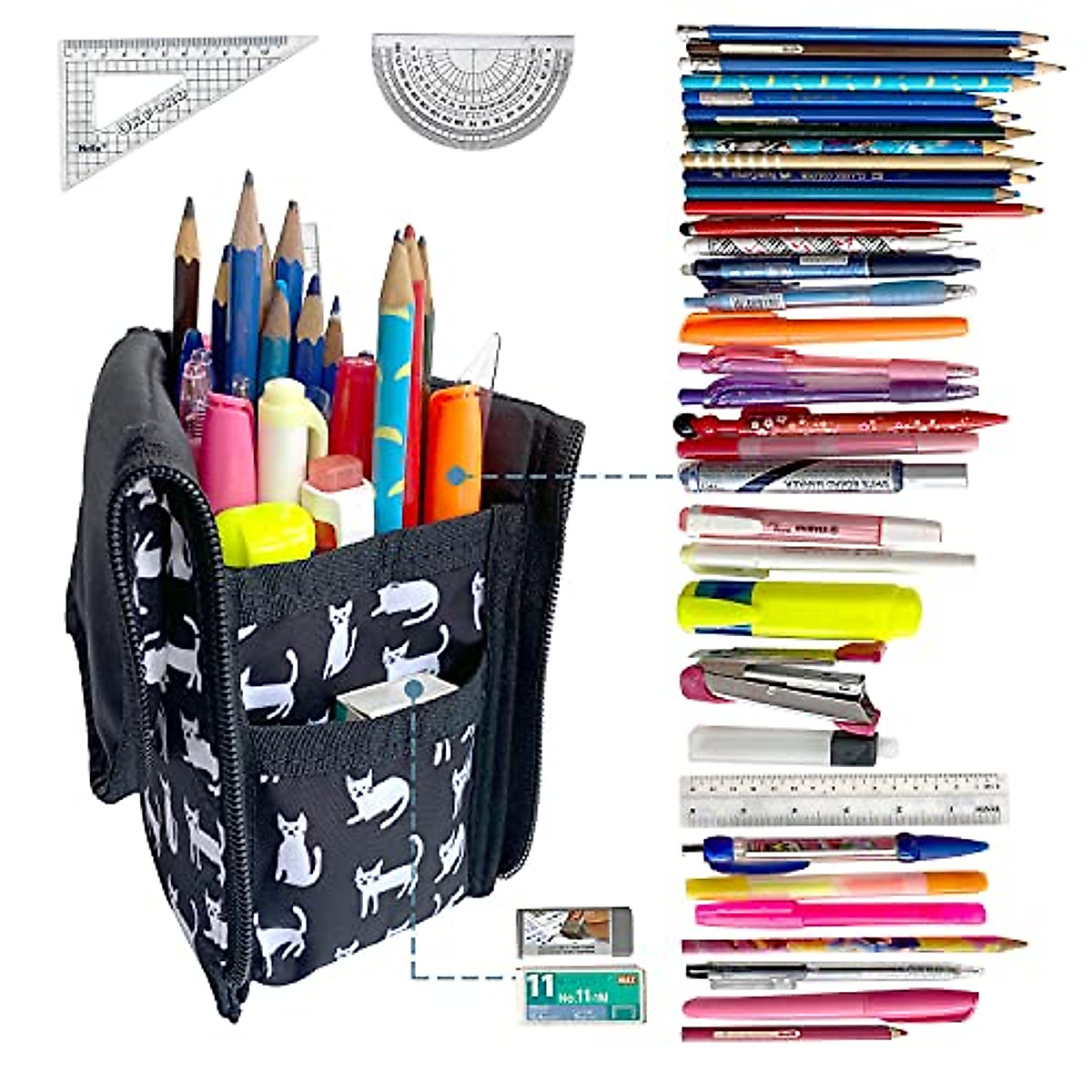 SEESOCUE Standing Pencil Case Large Capacity Pen Bag for Office Adult Big Storage Markers Holder for College Students Pencil Pouch for Girls & Boys School Stationery Organizer (Black Cats)
