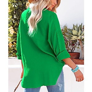 AISEW Womens Button Down Shirts Casual V Neck Long Sleeve Loose Fit Collared Plain Blouses Tops with Pocket (Green, 7001L)