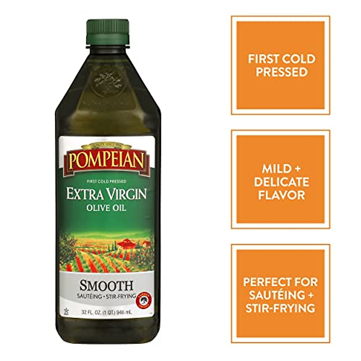 Pompeian Smooth Extra Virgin Olive Oil, Contains Polyphenols, First Cold Pressed, Mild and Delicate Flavor, Perfect for Sauteing & Stir-Frying, Naturally Gluten-Free, Non-GMO, 32 Fl Oz, Single Bottle