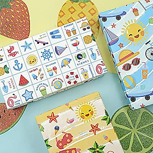 Beach Themed Gift Wrapping Paper,Summer Birthday Kraft Wrapping Paper 4 Sheet Hawaiian Sun Shell Coconut Ice Cream Gift Wrap Art Paper for Boys Girl Baby Shower Summer Luau Beach Party,28 x 20 Inch