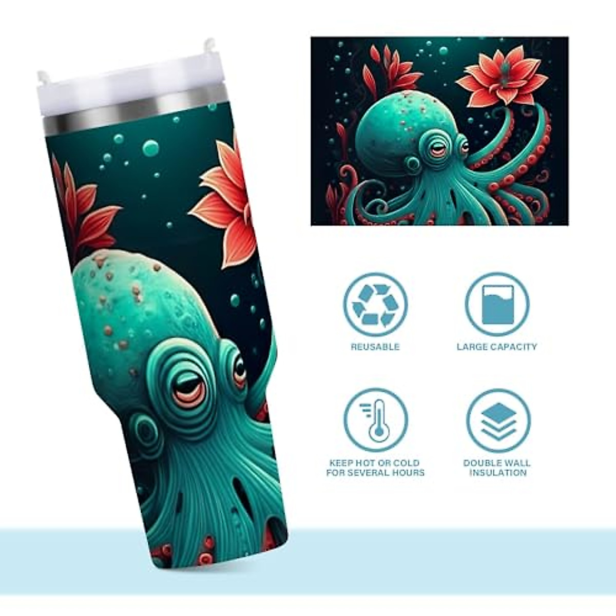 Octopus Flower Stainless Steel Tumblers with Straw and Handle for Water, Tumbler Cups 30 OZ / 0.89 L