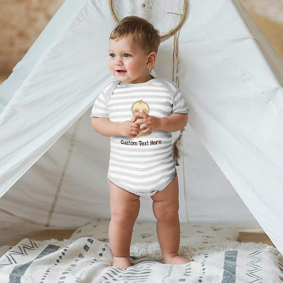Custom Personalized Boy & Girl Baby Bodysuit Sloth Yoga Funny Cotton Striped Baby Clothes Stripes Gray White Personalized Text Here 12 Months