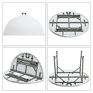 ALIMORDEN 4ft Round Bi-Folding Camp Picnic Table, 48" Portable Plastic Dining Table, Event Commercial Table, Indoor&Outdoor Heavy Duty Trestle Table for Wedding, Party, Garden, Patio, White Granite