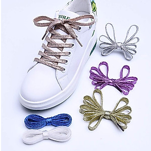 Santimon Metallic Glitter Flat shoelaces Colorful Fashion 2 pairs for Canvas Sneaker Athletic Shoes Light Gold 51"