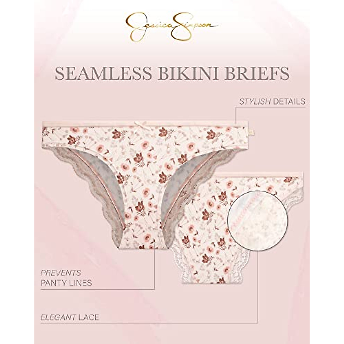 Jessica Simpson Women's Underwear - 5 Pack Seamless Bikini Briefs (S-XL), Size Large, Black/Black/Textured Animal Pearl Blush/Dolce/Mellow Garden Pearl Blush