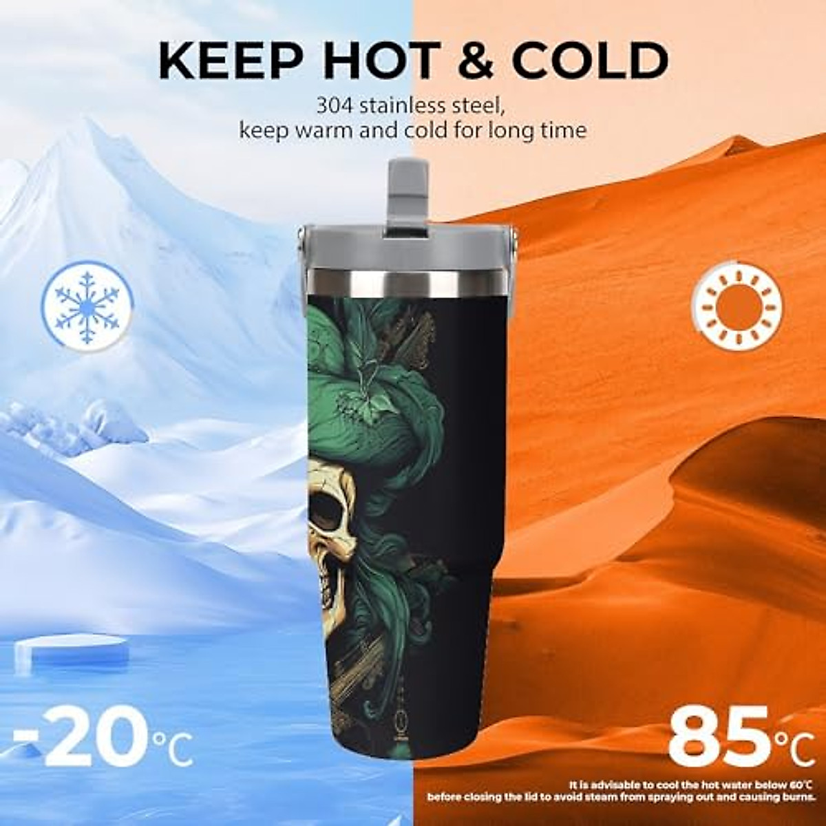 30oz Stainless Steel Insulated Tumbler with Flip Lid & Straw, Leakproof Travel Mug for Car, Pirate Skull Double Wall Vacuum Thermal Coffee Cup with Handle, Spill-Proof Design for Hot/Cold Drinks