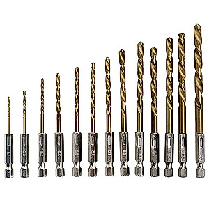 Hex-Shank Drill Bit Set, HSS Titanium Coated Twist Drill Bits Set Hex Shank High Speed Steel Drill Bit for Metal Wood Plastic Aluminum Thin Iron, Quick Change Regular Drilling Tools 13Pcs