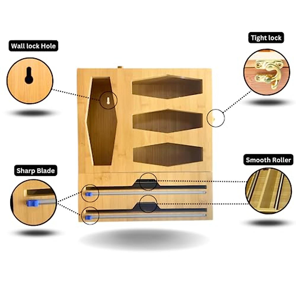 6 in1 Bamboo Ziplock Bag Organizer with Plastic Wrap Dispenser & Cutter – Compact drawer organizer for ziplock bags and foil – Ziplock Bag Storage Organizer for Gallon Quart Sandwich & Snack Bags (1)