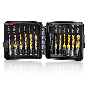 Valkynos Drill Tap Set with Quick-Change Adapter of 13Pcs, 6 SAE Sizes: 6-32NC to 1/4-20NC, 6 Metric Sizes: M3 to M10, Titanium Combination Drill & Tap Bit Set for Drilling Threads, Tapping