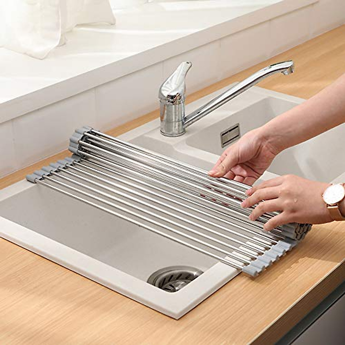 Large 21" x 16" Multipurpose Foldable Stainless Steel Roll Up Dish Drying Rack Over The Sink Kitchen Dish Drainer Rack and 2pcs Silicone Dish Brush (Gray)