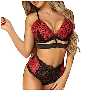 wodceeke Sexy Breast wrap Lace Split Plus Size Lingerie For Women Perspective Embroidered Print mesh Bodysuit Pajamas (Red, L)
