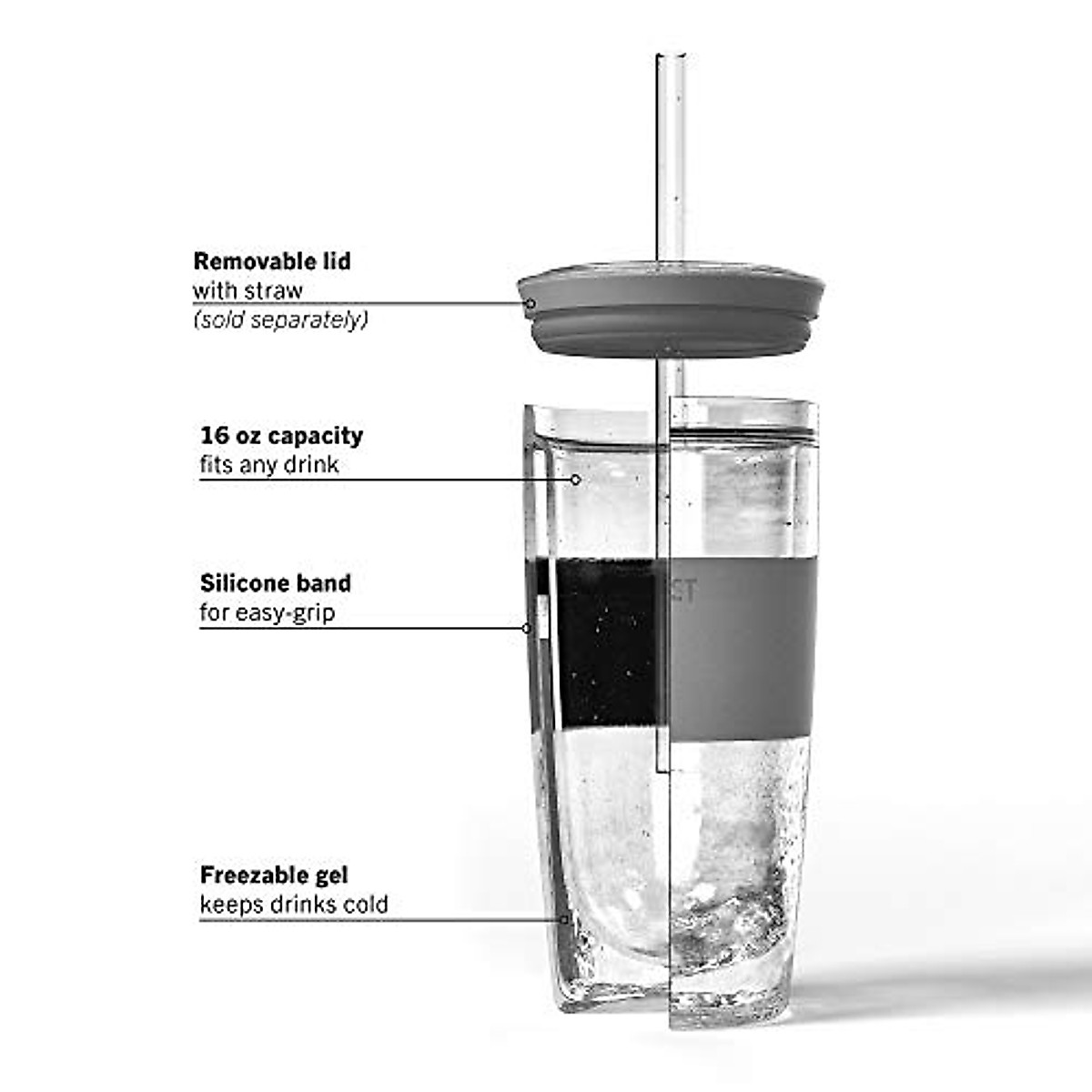 HOST Straw and Lid Plastic Double Wall Insulated Freezable Drink Chilling Tumbler with Freezing Gel Glasses for Red and White Wine, 16 oz, Grey