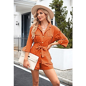 Fixmatti Womens Button Down Shirt and Shorts Set V Neck Half Sleeve Belted Sweatsuits Linen Outfits Orange M