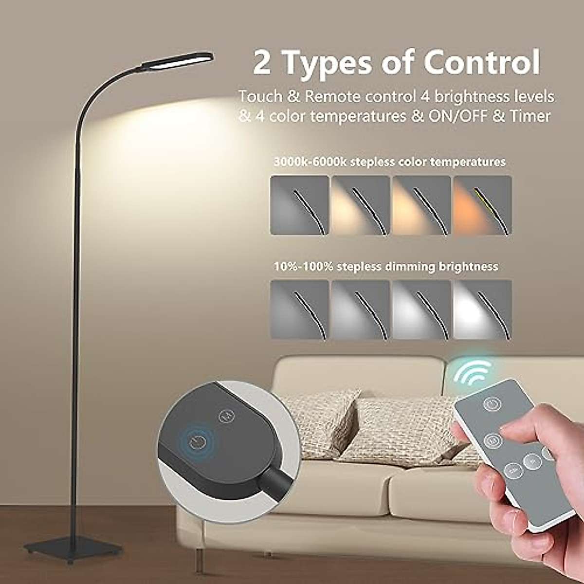 Koopala LED Floor Lamp, Bright Tall Standing Light with Dimmable 4 Brightness&4 Color Temps, Adjustable Gooseneck, 3 Timer, Touch& Remote Control, Couch Lamp, for Reading/Living Room/Bedroom/-Black