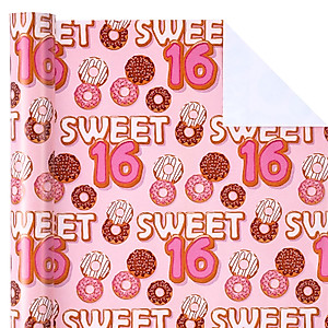 WRAPAHOLIC 16th Birthday Wrapping Paper - Mini Roll - 17 Inch X 33 Feet - Sweet 16 for Birthday, Party, Holiday