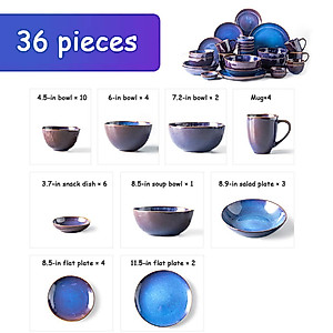 Stylish Dinner Plates,Ceramics Dinner Sets, Plate/Bowl/Mug | 36 Pieces Kiln Glaze Dinnerware - Blue Purple Porcelain Combination Set for Restaurant Family Party Halloween