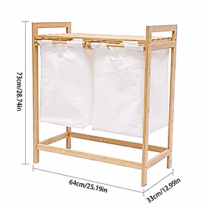 Bamboo Laundry Hamper 2 Section Large Divided Double Laundry Basket with Removable Sliding Bags Pull Out Wooden Large Capacity Laundry Sorter Organizer and Storage Wooden Laundry Sorter for Home Use