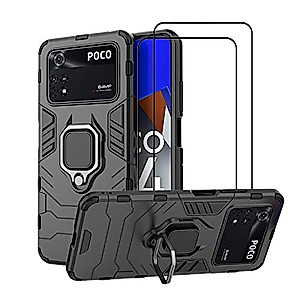 Compatible for Xiaomi Poco M4 Pro 4G Kickstand Case with Tempered Glass Screen Protector [2 Pieces], Hybrid Heavy Duty Armor Dual Layer Anti-Scratch Case Cover, Black