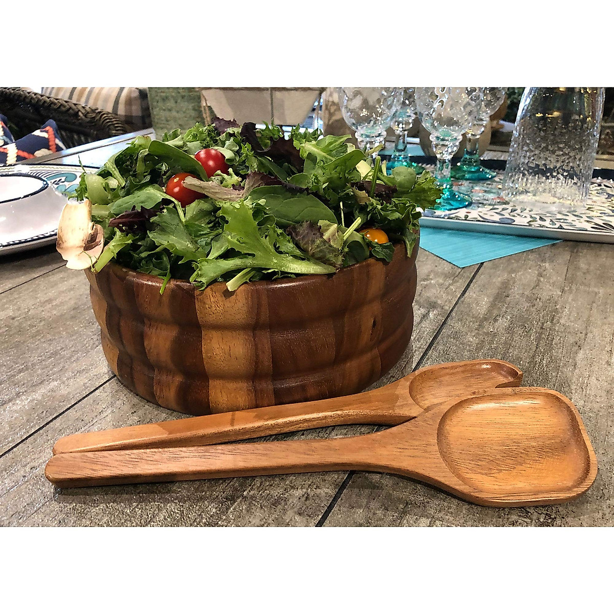 Kalmar Home 10-Inch Acacia Wood Large Skagen Salad Bowl with Servers
