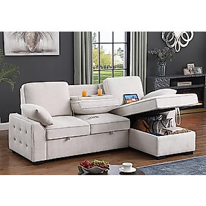 L-Shaped Sofabed Chenille Upholstered Pull Out Sleep Couch Bed, Button Tufted Sleeper Sectional Sofa w/Storage Chaise, Drop-Down Table, Cup Holders and Charging Ports (USB & Type-C) for Living Room