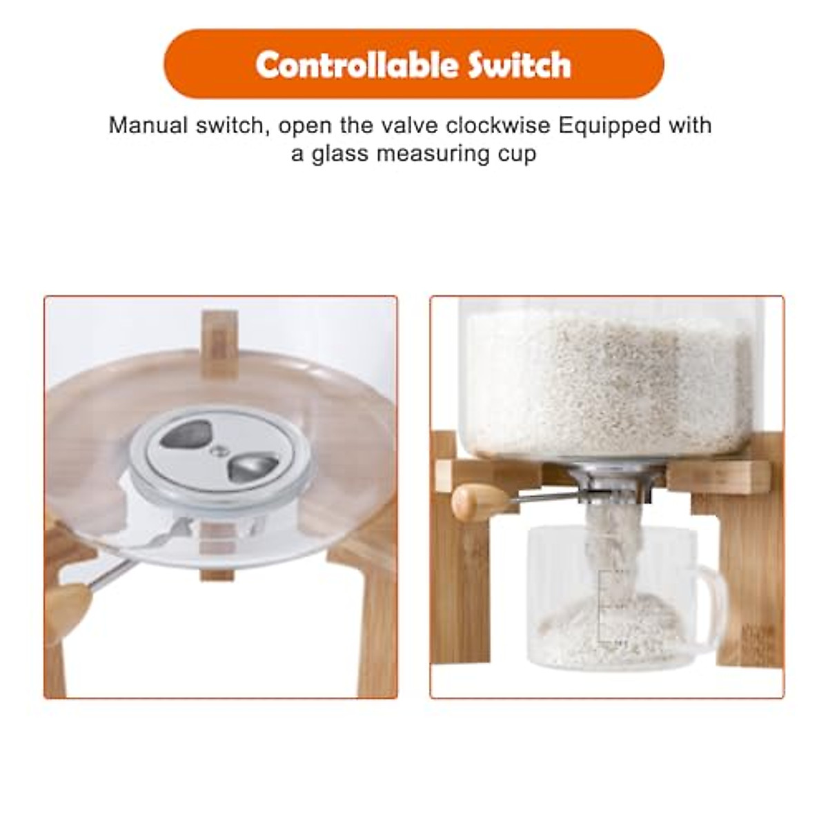 Kaichenyt 7.5L Rice Dispenser, Flour and Cereal Container, Glass Food Storge Container with Airtight Lid and Wooden Stand for Rice, Beans, Ground Coffee (7.5L)